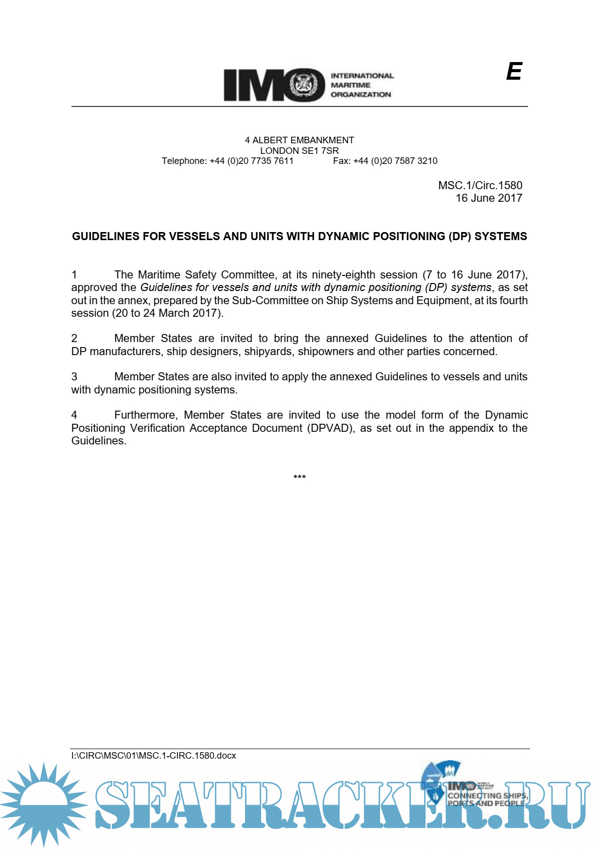 Guidelines for Vessels and Units with Dynamic Positioning (DP) Systems MSC.1/Circ.1580 - IMO ...