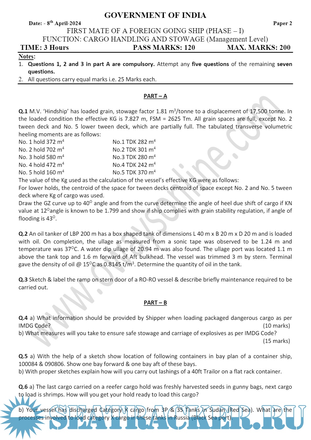 Question Paper Set (April 2024) for Phase I (Chief Mate F.G ...