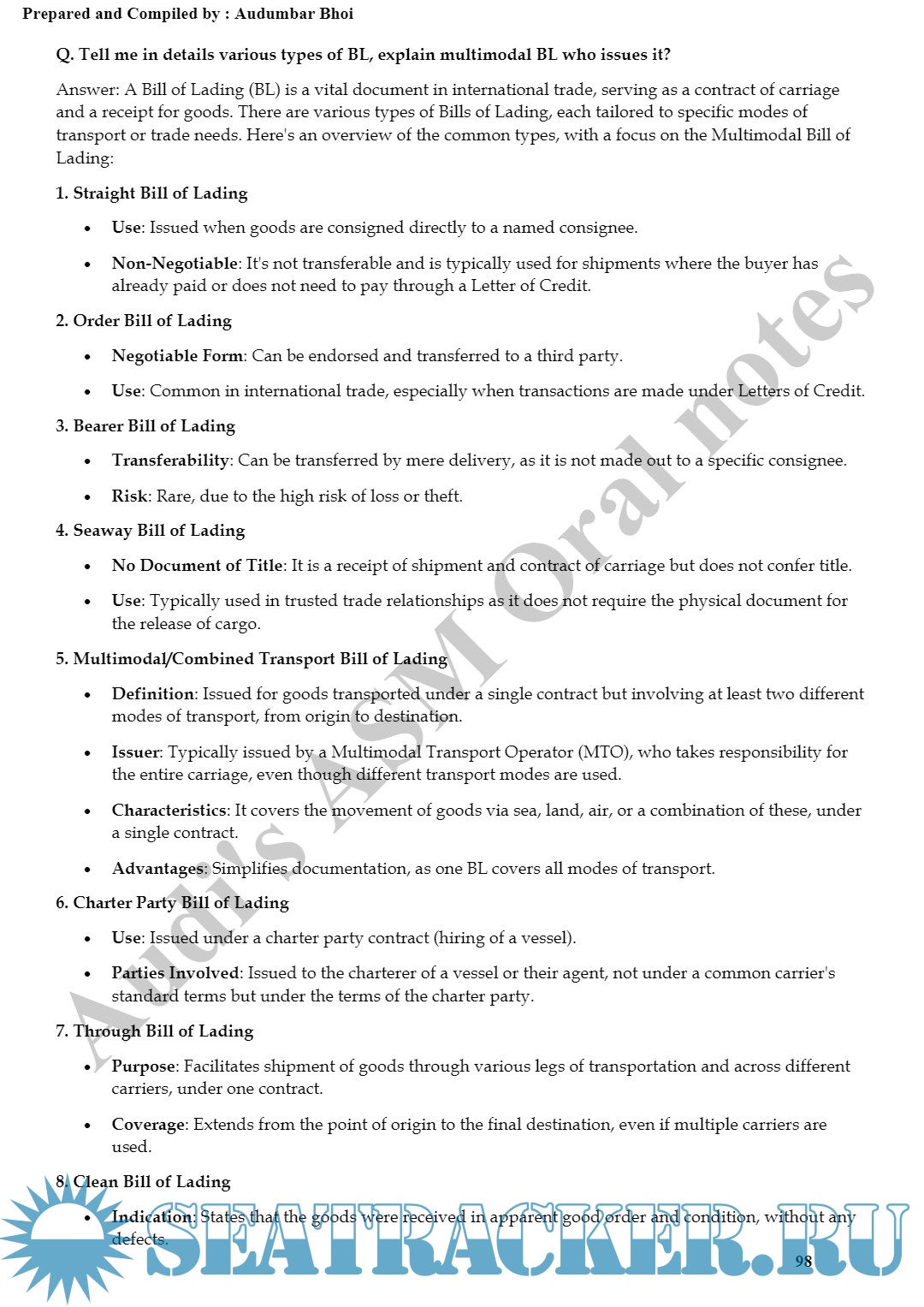 Audi's ASM Oral Notes - Audumbar Bhoi [2024, PDF] › Marine Tracker