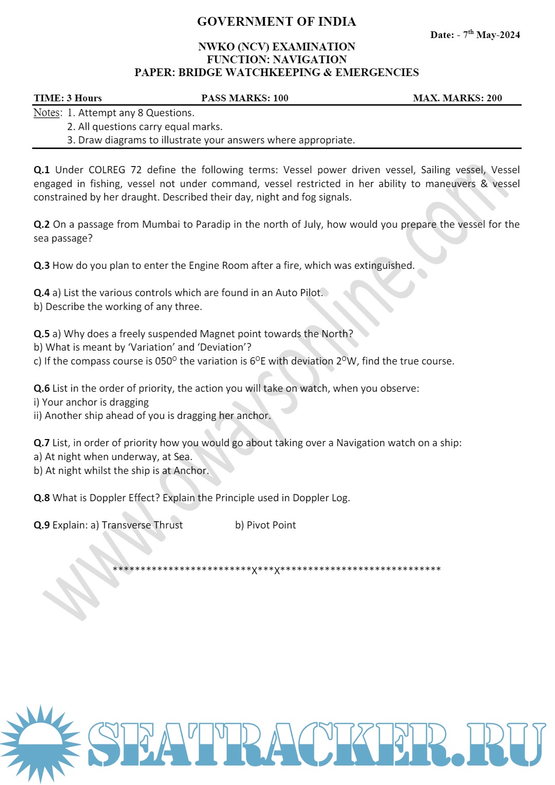 Question Paper Set (May 2024) for NWKO (NCV) Mercantile Marine ...