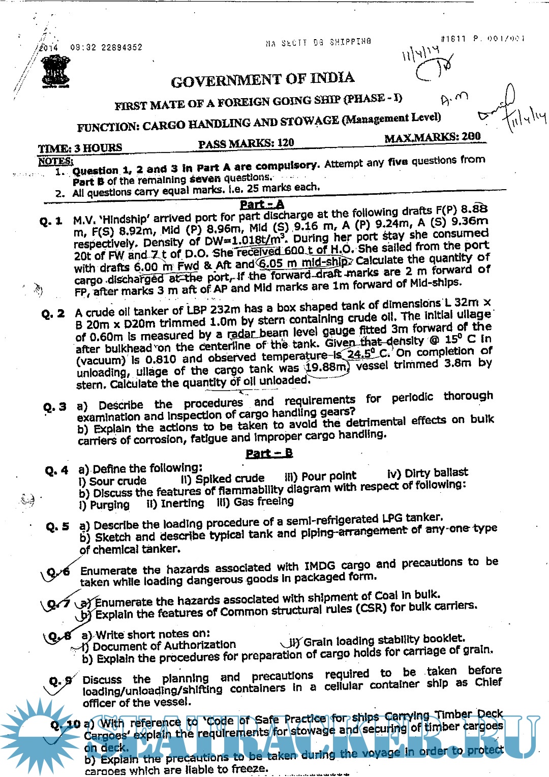 Question Paper Set (April 2024) for Phase I (Chief Mate F.G.) Mercantile Marine Department (MMD ...