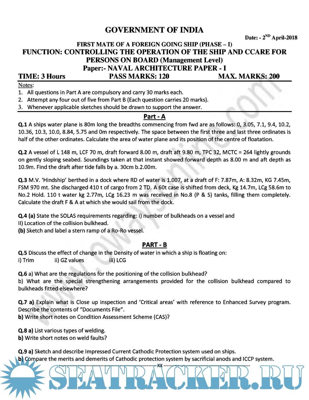 Question Paper Set (October 2023) for Phase I (Chief Mate F.G.) Mercantile Marine Department ...