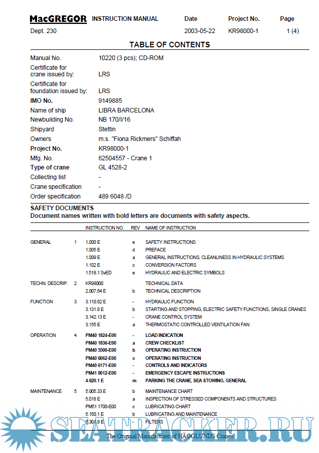 MacGregor Crane Type: GL4528-2 Instruction Manual - MacGREGOR [2003, PDF] › Marine Tracker