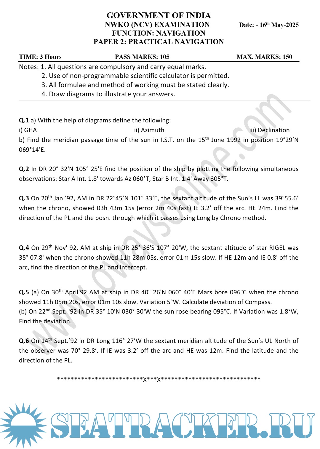 Question Paper Set (May 2025) for NWKO (NCV) Mercantile Marine ...