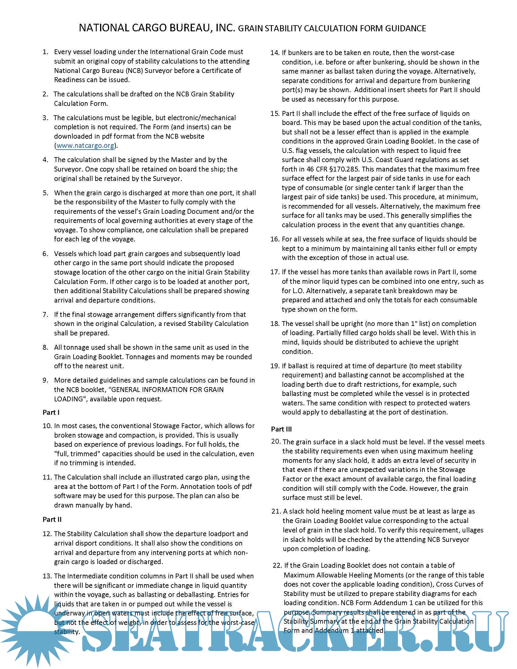 NCB Grain Stability Calculation Form - National Cargo Bureau [2021, PDF ...