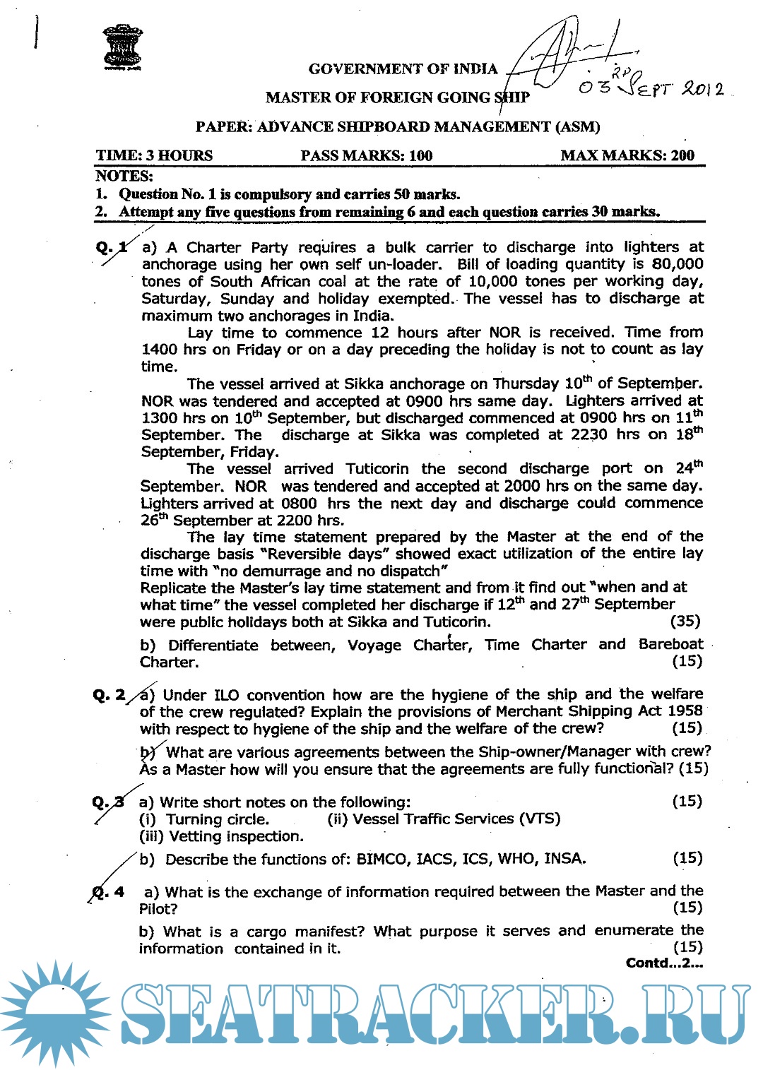 Question Paper Set for (ASM) Advanced Shipboard Management (September ...